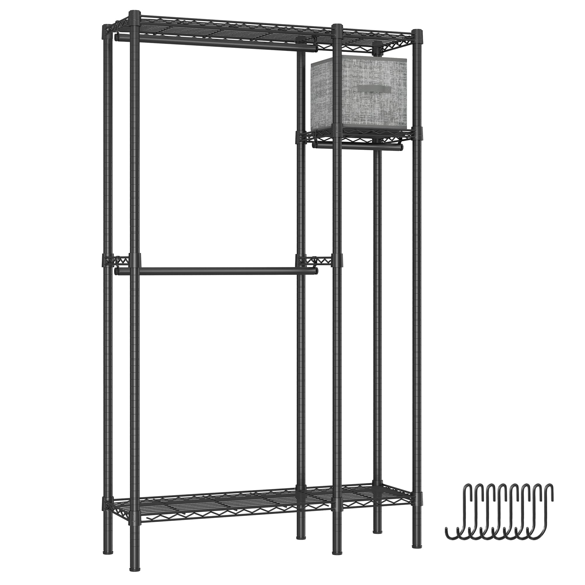 SONGMICS Garment Rack Heavy Duty Clothes Rack, Freestanding Portable Wardrobe Closet for Hanging Clothes with 1 Storage Box, 8 Hooks, Adjustable Wire Shelves, 3 Hanging Rods, Black ULGR421B01