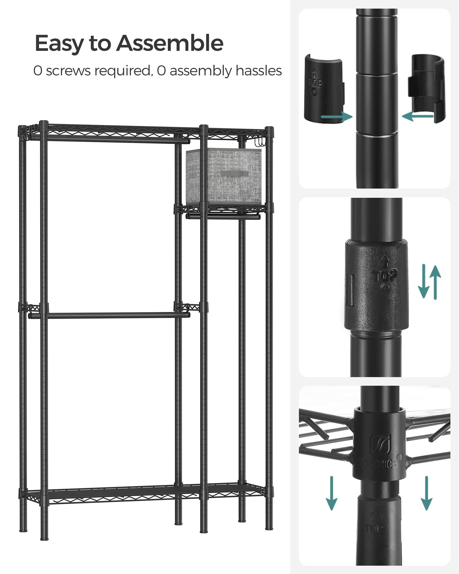 SONGMICS Garment Rack Heavy Duty Clothes Rack, Freestanding Portable Wardrobe Closet for Hanging Clothes with 1 Storage Box, 8 Hooks, Adjustable Wire Shelves, 3 Hanging Rods, Black ULGR421B01