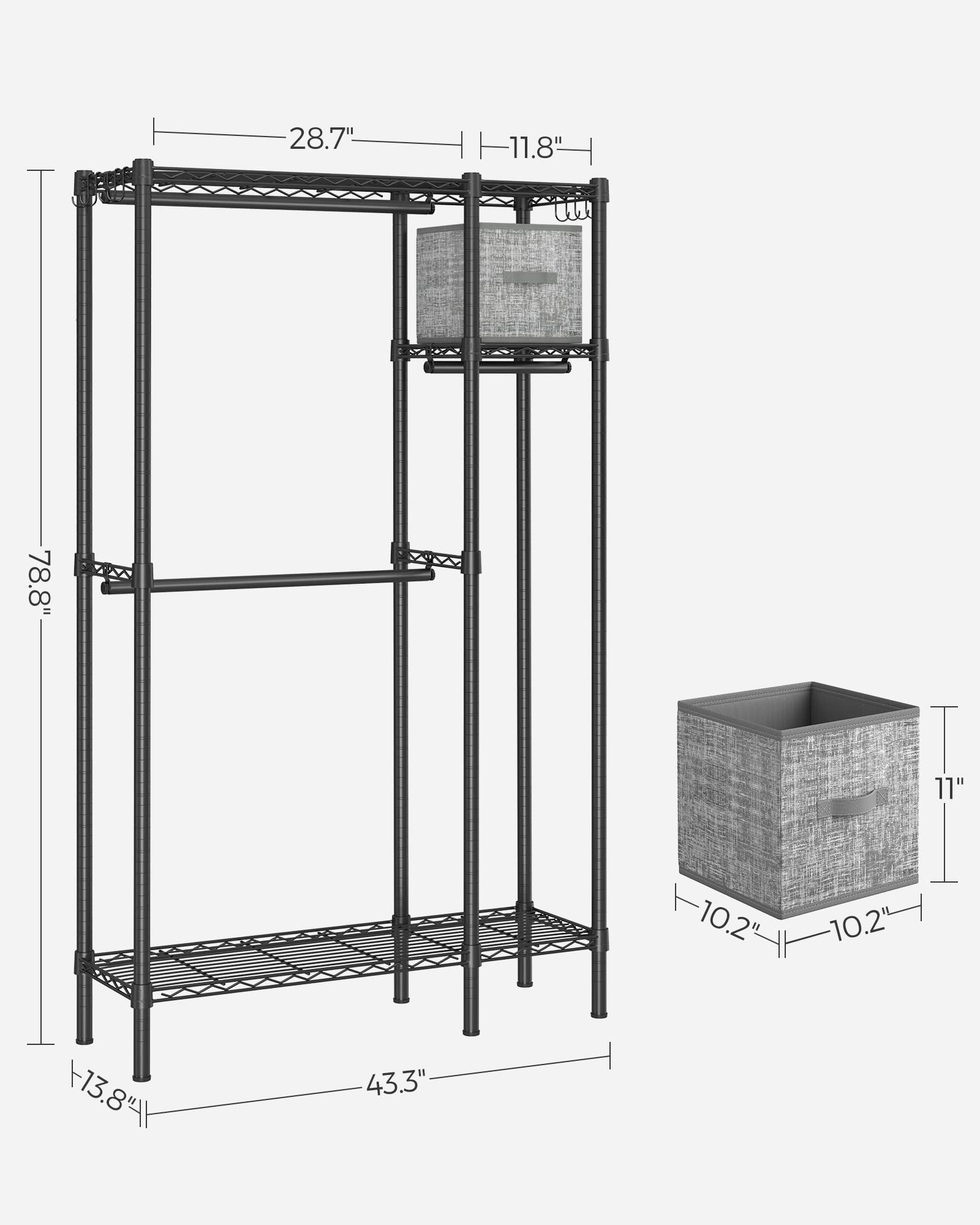 SONGMICS Garment Rack Heavy Duty Clothes Rack, Freestanding Portable Wardrobe Closet for Hanging Clothes with 1 Storage Box, 8 Hooks, Adjustable Wire Shelves, 3 Hanging Rods, Black ULGR421B01