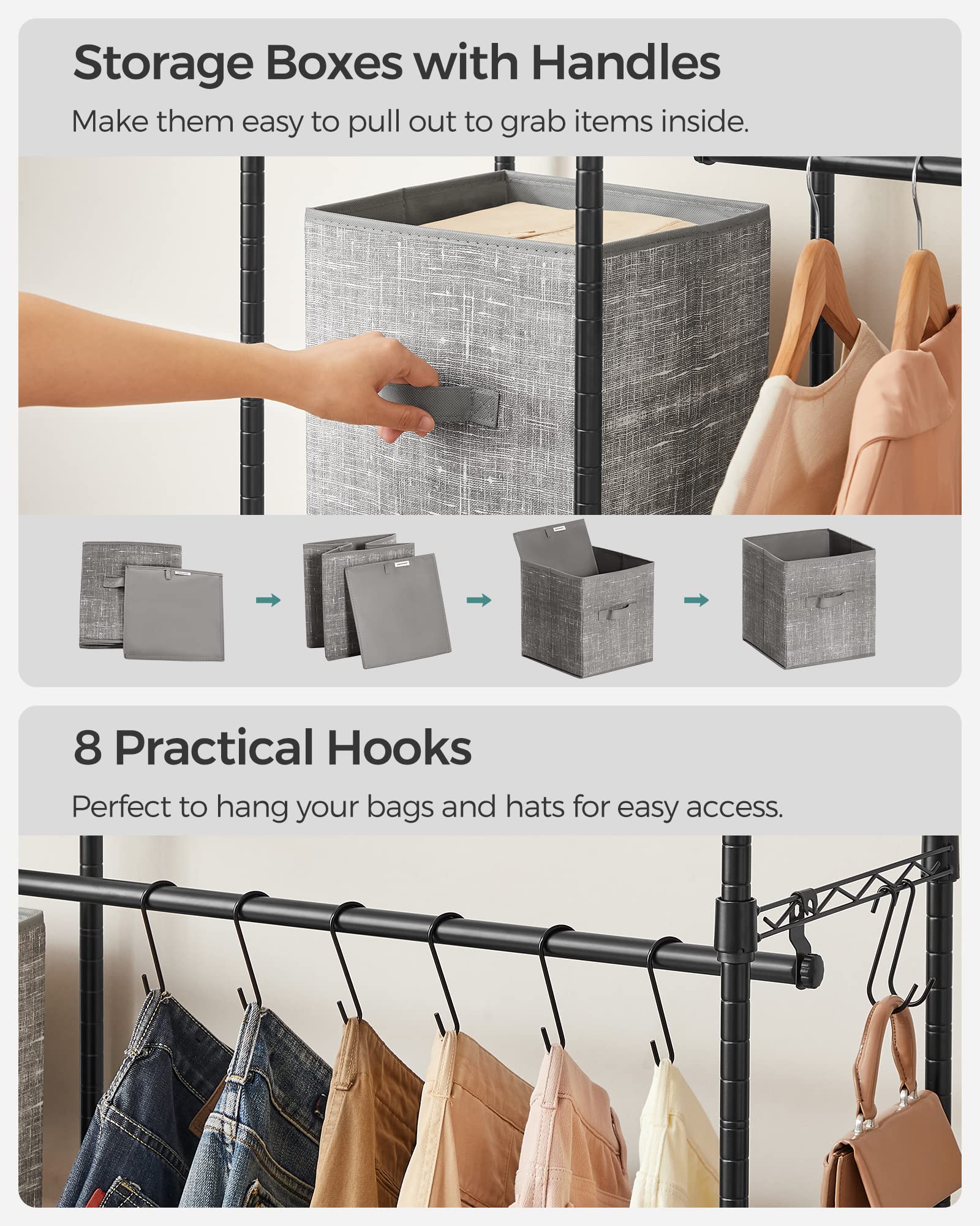 SONGMICS Garment Rack Heavy Duty Clothes Rack, Freestanding Portable Wardrobe Closet for Hanging Clothes with 1 Storage Box, 8 Hooks, Adjustable Wire Shelves, 3 Hanging Rods, Black ULGR421B01