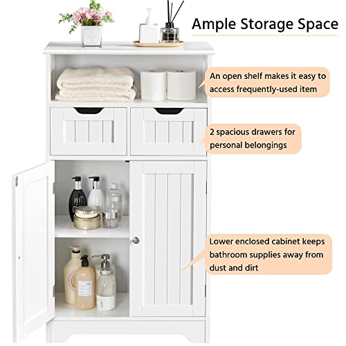 Yaheetech Bathroom Storage Cabinet with 2 Drawers & Adjustable Shelf, 2 Doors Bathroom Floor Cabinet, Wooden Cupboard for Living Room, Hallway, White