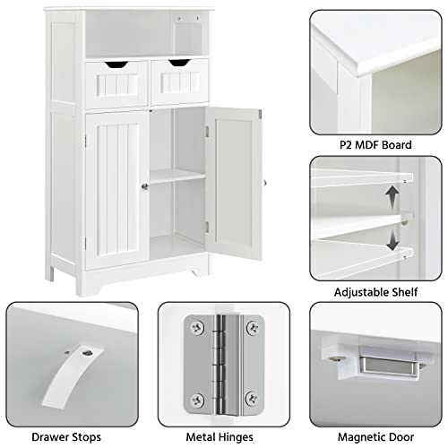 Yaheetech Bathroom Storage Cabinet with 2 Drawers & Adjustable Shelf, 2 Doors Bathroom Floor Cabinet, Wooden Cupboard for Living Room, Hallway, White