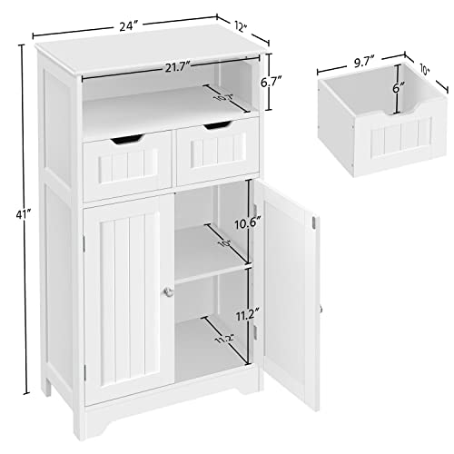 Yaheetech Bathroom Storage Cabinet with 2 Drawers & Adjustable Shelf, 2 Doors Bathroom Floor Cabinet, Wooden Cupboard for Living Room, Hallway, White