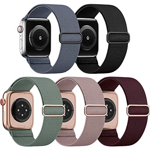 EOMTAM 5 Pack Stretchy Nylon Compatible for Apple Watch Band 38mm 40mm 41mm 42mm 44mm 45mm Women Men,Elastic Cloth Sport Wristbands Solo Loop for iWatch Series 8 7 6 SE 5 4 3(38,Green)