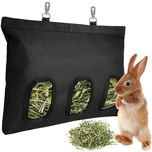 Rabbit Hay Feeder, Bunny Hay Bag for Rabbits, 3 Holes Large Capacity 600D Oxford Cloth Fabric Hanging Hay Feeder Bag for Small Animal (Black)