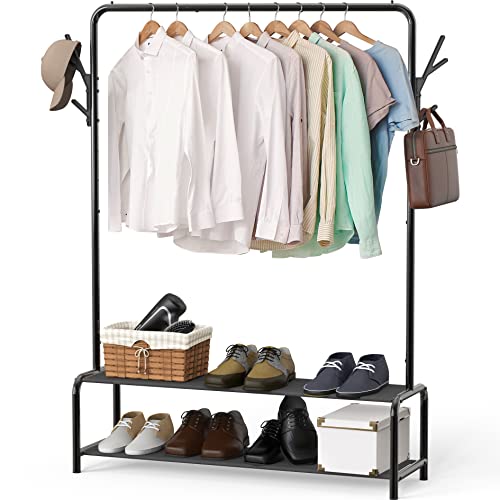 Simple Houseware Garment Rack with Storage Shelves and Coat/Hat Hanging Hooks