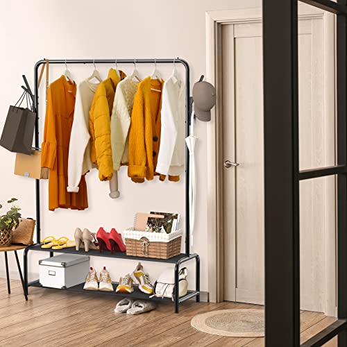 Simple Houseware Garment Rack with Storage Shelves and Coat/Hat Hanging Hooks