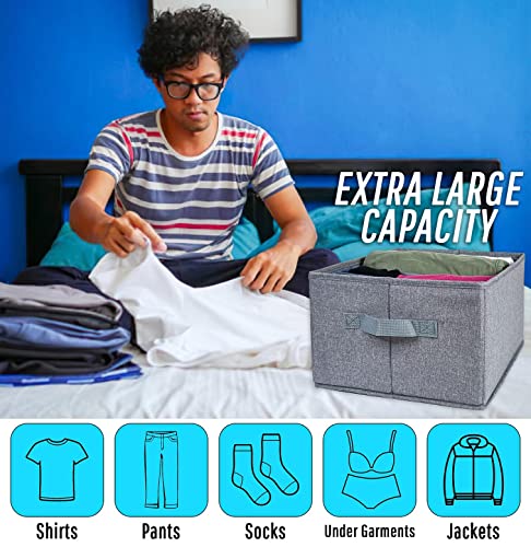 Wardrobe Clothes Organizer (16X12X8in)- 2 PCS Clothing Storage for Drawers & Closet- Sturdy Space-Saving Collapsible Fabric Storage- Large Jeans Bin with Compartments Pants, Sweaters XL, Grey