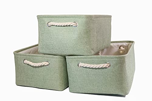 HARMOSO Collapsible Storage Basket (14Lx10.6Wx6.6H) Decorative Storage Bins with Handles Canvas Storage Baskets for Shelves Gift baskets organizing Toys Clothes Books baskets (Green,3Pack)