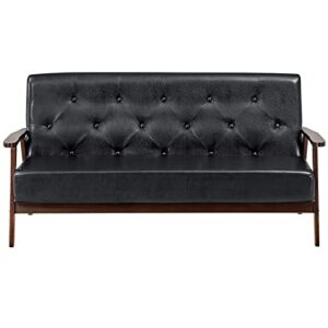 Giantex 3 Seat Sofa, Mid Century Retro Loveseat, Black Couch, PU Leather Upholstered Cushion, Rubber Wood Legs and Armrests, Stable A-Shaped Frame, for Living Room Bedroom Reception Room Office