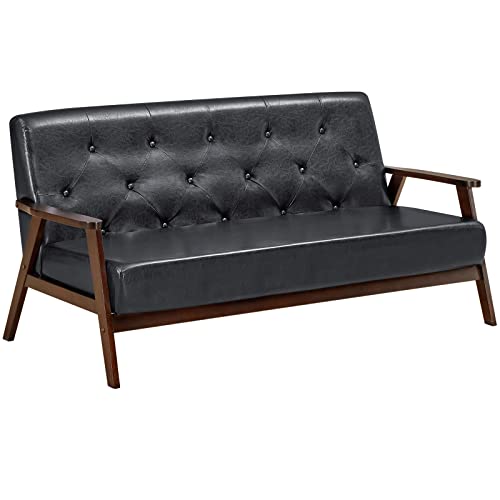 Giantex 3 Seat Sofa, Mid Century Retro Loveseat, Black Couch, PU Leather Upholstered Cushion, Rubber Wood Legs and Armrests, Stable A-Shaped Frame, for Living Room Bedroom Reception Room Office