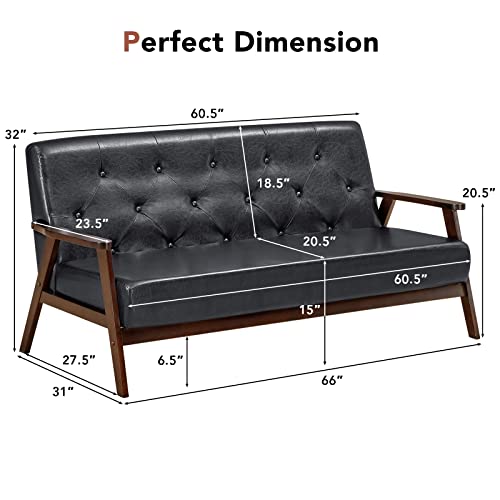 Giantex 3 Seat Sofa, Mid Century Retro Loveseat, Black Couch, PU Leather Upholstered Cushion, Rubber Wood Legs and Armrests, Stable A-Shaped Frame, for Living Room Bedroom Reception Room Office