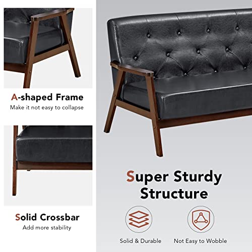 Giantex 3 Seat Sofa, Mid Century Retro Loveseat, Black Couch, PU Leather Upholstered Cushion, Rubber Wood Legs and Armrests, Stable A-Shaped Frame, for Living Room Bedroom Reception Room Office