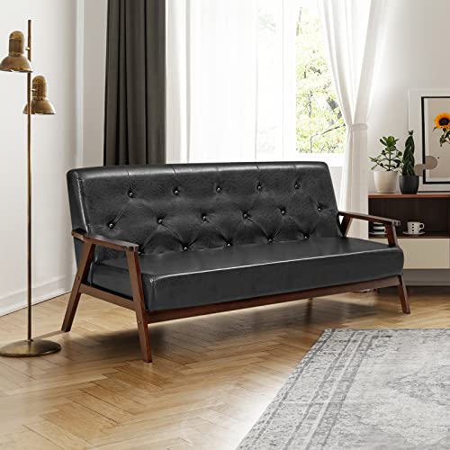 Giantex 3 Seat Sofa, Mid Century Retro Loveseat, Black Couch, PU Leather Upholstered Cushion, Rubber Wood Legs and Armrests, Stable A-Shaped Frame, for Living Room Bedroom Reception Room Office