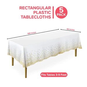 NORZEE 5-Pack White Disposable Plastic Tablecloths,Gold Dot Confetti Rectangular Table Covers 54" x 108" Plastic Table Cloth, Rectangle Table Cover