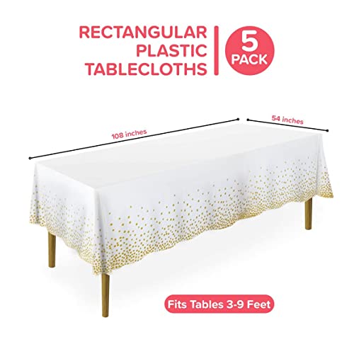 NORZEE 5-Pack White Disposable Plastic Tablecloths,Gold Dot Confetti Rectangular Table Covers 54" x 108" Plastic Table Cloth, Rectangle Table Cover