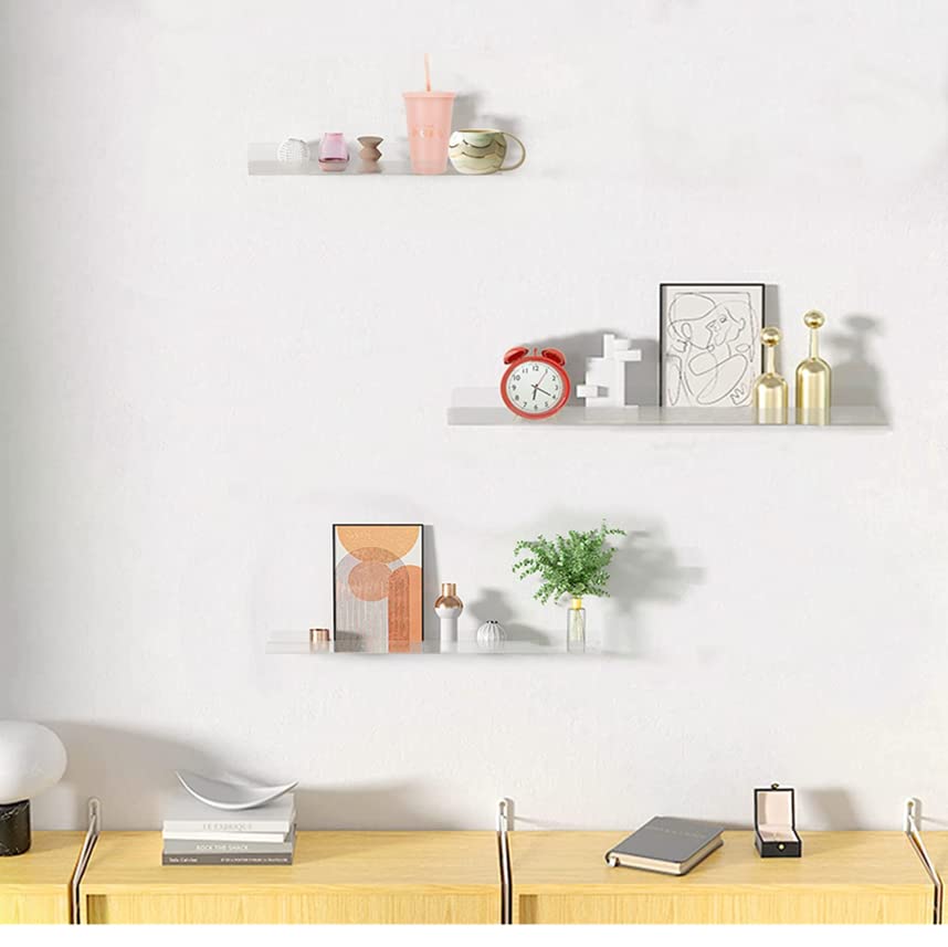 ROYALITA Clear Acrylic Floating Shelves - Set of 3 (16.5", 13.2", 9.3") - 4mm Save Space Floating Wall Decor Storage Shelves - Easy to Install & Multiuse Display for Funko Pops, Plants, Books, Makeup