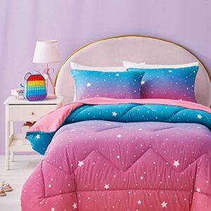 art demo rainbow pastel purple comforter sets for teen girls, full size 5 pieces bed in a bag, ultra soft microfiber comforter and sheet sets, cooling summer dorm bedding set