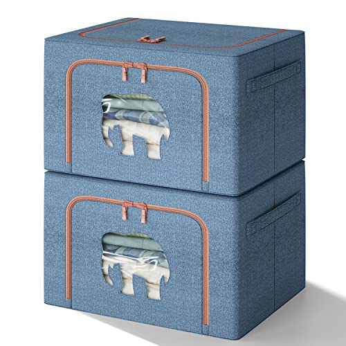 MOHOPE Stackable Clothing Storage Bin, 2 Pack 66L Cationic Fabric Metal Frame Foldable Closet Organizer with Durable Handle Storage Containers for Thick Fabric Blankets, Comforters, Clothes, Bedding