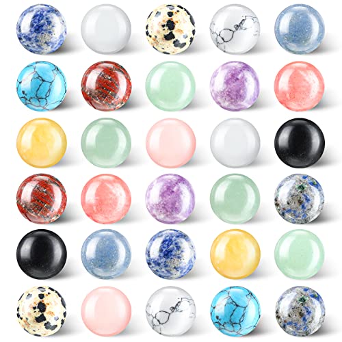 30 Pieces Gemstone Chakra Sphere Balls Crystal Stones 16 mm Assorted Mini Natural Quartz Sphere Collection Polished Hand Carved Crystal Ball Bead Bulk for Witchcraft Meditation Reiki Balancing Decor