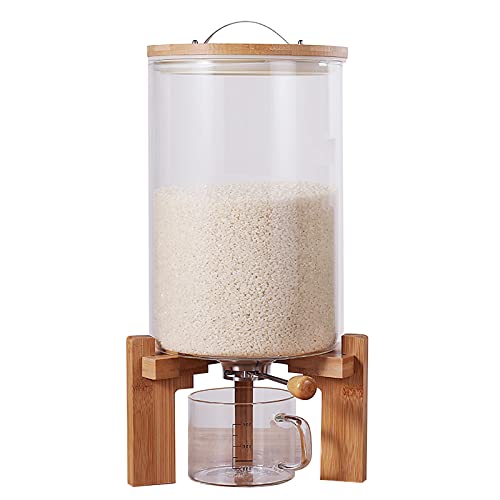 Rice Dispenser Flour Cereal Container Glass Food Storage Container with Airtight Lid and Wooden Stand for Flour, Sugar, Grain and Ground Coffee (8L)