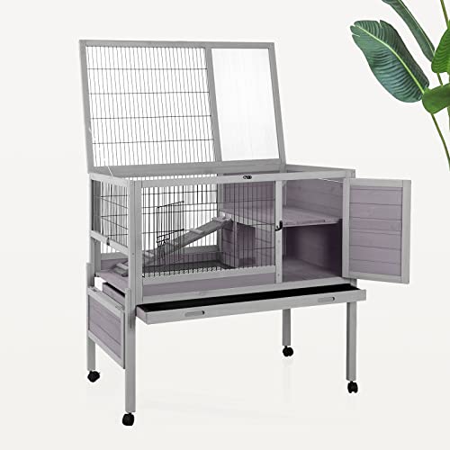 MEDEHOO Rabbit Hutch with Wheels Indoor Outdoor Guinea Pig Cage with 3 Access Doors, Pull-Out Tray, Removable Wire Mesh and UV Proof Panel(39.7 Inch)