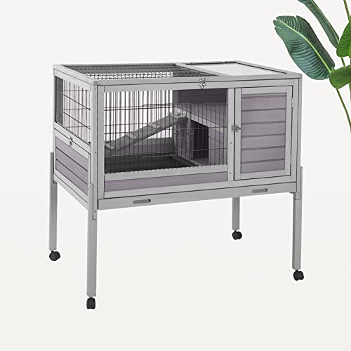 MEDEHOO Rabbit Hutch with Wheels Indoor Outdoor Guinea Pig Cage with 3 Access Doors, Pull-Out Tray, Removable Wire Mesh and UV Proof Panel(39.7 Inch)