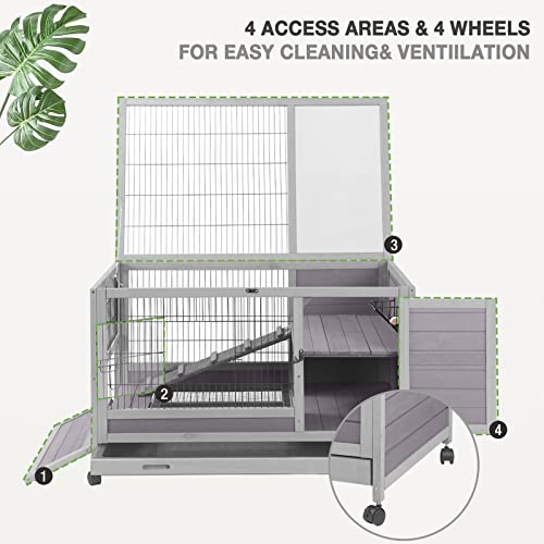 MEDEHOO Rabbit Hutch with Wheels Indoor Outdoor Guinea Pig Cage with 3 Access Doors, Pull-Out Tray, Removable Wire Mesh and UV Proof Panel(39.7 Inch)