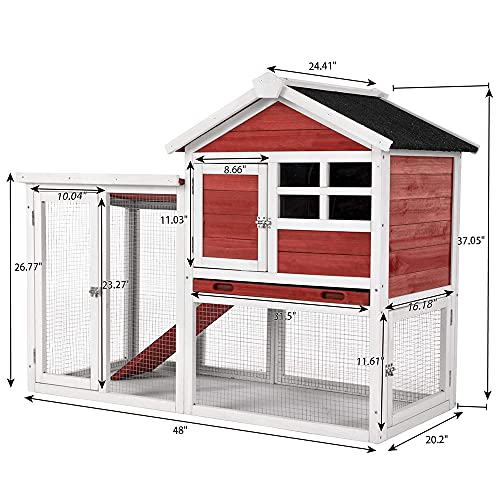 BIRASIL Wood Rabbit Hutch, Guinea Pig Cage with Pull Out Tray, 2 Levels Bunny House for Small Animals Outdoor Indoor (Red, 48 Inch)