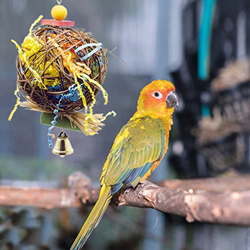 Zomine 2 Pack Hanging Bird Chewing Takraw Toys - DIY Foraging Shredder Toy Natural Bird Toy Accessories Hand Woven with Bell Easy to Install Suitable for Small or Medium Birds