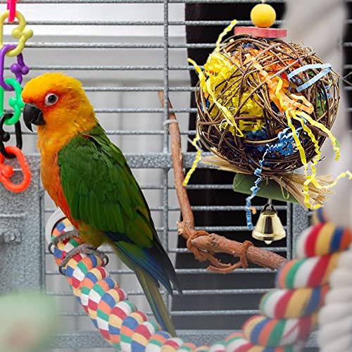 Zomine 2 Pack Hanging Bird Chewing Takraw Toys - DIY Foraging Shredder Toy Natural Bird Toy Accessories Hand Woven with Bell Easy to Install Suitable for Small or Medium Birds