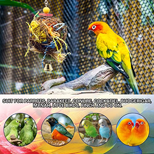 Zomine 2 Pack Hanging Bird Chewing Takraw Toys - DIY Foraging Shredder Toy Natural Bird Toy Accessories Hand Woven with Bell Easy to Install Suitable for Small or Medium Birds