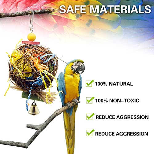 Zomine 2 Pack Hanging Bird Chewing Takraw Toys - DIY Foraging Shredder Toy Natural Bird Toy Accessories Hand Woven with Bell Easy to Install Suitable for Small or Medium Birds