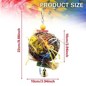 Zomine 2 Pack Hanging Bird Chewing Takraw Toys - DIY Foraging Shredder Toy Natural Bird Toy Accessories Hand Woven with Bell Easy to Install Suitable for Small or Medium Birds