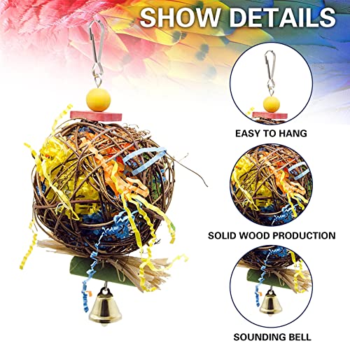 Zomine 2 Pack Hanging Bird Chewing Takraw Toys - DIY Foraging Shredder Toy Natural Bird Toy Accessories Hand Woven with Bell Easy to Install Suitable for Small or Medium Birds