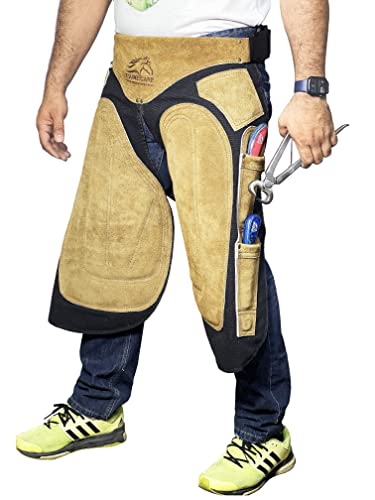 Equine Care Farrier Chaps with Back Support, 4 Knife Pockets & Nail Magnet Cow Hide Suede Leather and Canvas Horse Shoeing Apron (25 Inch-65 CM)