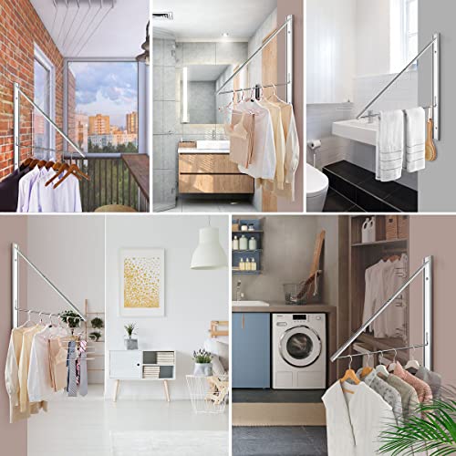 DarMeyFull Clothes Drying Rack Retractable Wall Mounted Clothes Rack Folding Drying Rack Clothing Hanging Rack Clothes Hanger Rack for Laundry Room Closet Storage Organization Aluminum Silver 1 PC