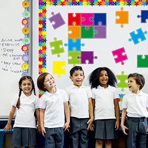 G1ngtar 70Pcs Puzzle Pieces Cutouts Christian Bulletin Board Decoration Set Welcome Back to School Jigsaw Puzzle Straight Border Trim Religious Supplies Sunday School Decors for Classroom Kindergarten