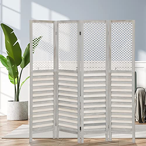 ECOMEX Cutout Room Divider, 4 Panel 5.6 Ft Tall Wood Room Dividers and Folding Privacy Screens, Freestanding Partition Wall Dividers, Room Separator, Grey White