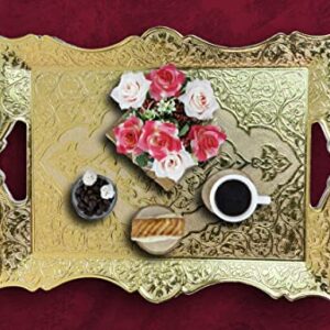 ChanceGift Turkish Tea Coffee Beverage Dinning Gold Serving Tray and Platters with Handled Ottoman Motif Decorative Middle Table Rectangular (16.1x11.6x1Inc) 40x29.5x2cm