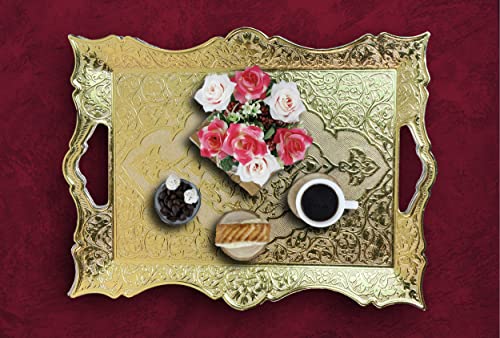 ChanceGift Turkish Tea Coffee Beverage Dinning Gold Serving Tray and Platters with Handled Ottoman Motif Decorative Middle Table Rectangular (16.1x11.6x1Inc) 40x29.5x2cm