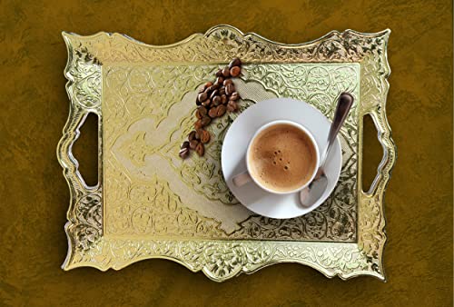 ChanceGift Turkish Tea Coffee Beverage Dinning Gold Serving Tray and Platters with Handled Ottoman Motif Decorative Middle Table Rectangular (16.1x11.6x1Inc) 40x29.5x2cm