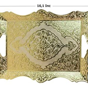 ChanceGift Turkish Tea Coffee Beverage Dinning Gold Serving Tray and Platters with Handled Ottoman Motif Decorative Middle Table Rectangular (16.1x11.6x1Inc) 40x29.5x2cm