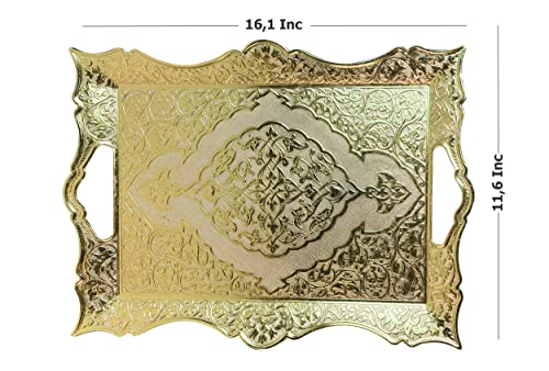 ChanceGift Turkish Tea Coffee Beverage Dinning Gold Serving Tray and Platters with Handled Ottoman Motif Decorative Middle Table Rectangular (16.1x11.6x1Inc) 40x29.5x2cm