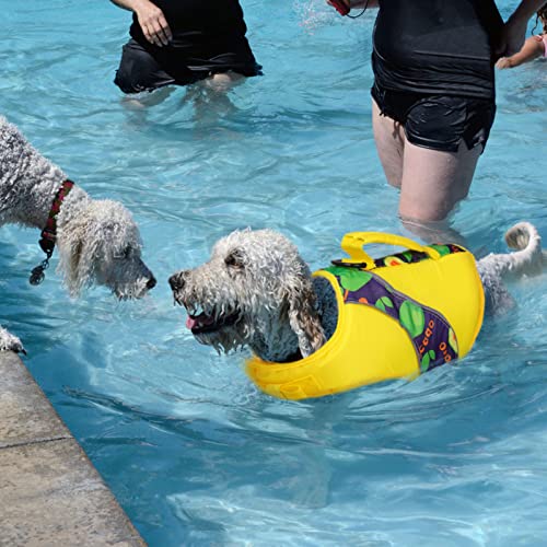 Queenmore Life Vests for Dogs, 2022 Summer Super Buoyant Life Jackets, Printing Adjustable Dog Water Life Preserver for Small Medium Large Dogs (Medium, Yellow)