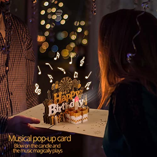 Birthday Card, Musical Birthday Cards with Light and Music, 3D Birthday Pop Up Card Birthday Gift, Blow Out LED Light and Play Happy Birthday Music Singing Card for Men or Women-Black Gold