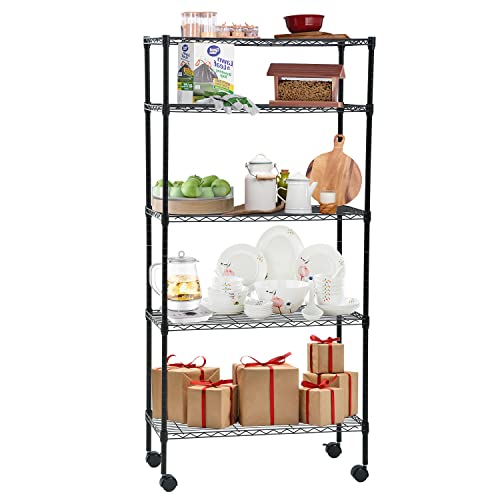 PIKAQTOP 5-Tier Heavy Duty Metal Shelves for Storage Kitchen Garage (750LBS Capacity), Industrial Commercial-Grade Shelves w/Wheels & Leveler Feet, Height Adjustable Wire Rack Shelving for Pantry