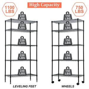 PIKAQTOP 5-Tier Heavy Duty Metal Shelves for Storage Kitchen Garage (750LBS Capacity), Industrial Commercial-Grade Shelves w/Wheels & Leveler Feet, Height Adjustable Wire Rack Shelving for Pantry