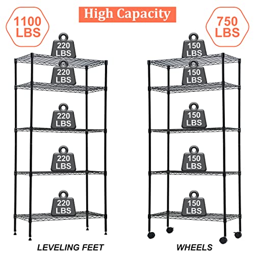 PIKAQTOP 5-Tier Heavy Duty Metal Shelves for Storage Kitchen Garage (750LBS Capacity), Industrial Commercial-Grade Shelves w/Wheels & Leveler Feet, Height Adjustable Wire Rack Shelving for Pantry