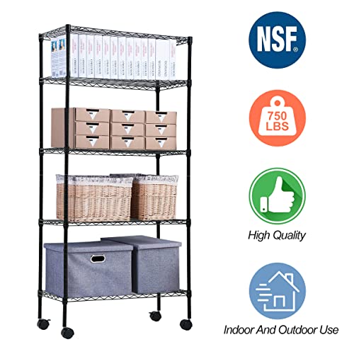 PIKAQTOP 5-Tier Heavy Duty Metal Shelves for Storage Kitchen Garage (750LBS Capacity), Industrial Commercial-Grade Shelves w/Wheels & Leveler Feet, Height Adjustable Wire Rack Shelving for Pantry